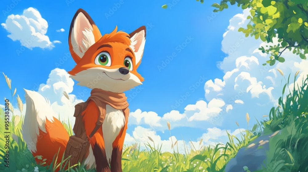 Colorful fox scout cartoon on grassy frame, bright sky backdrop ...