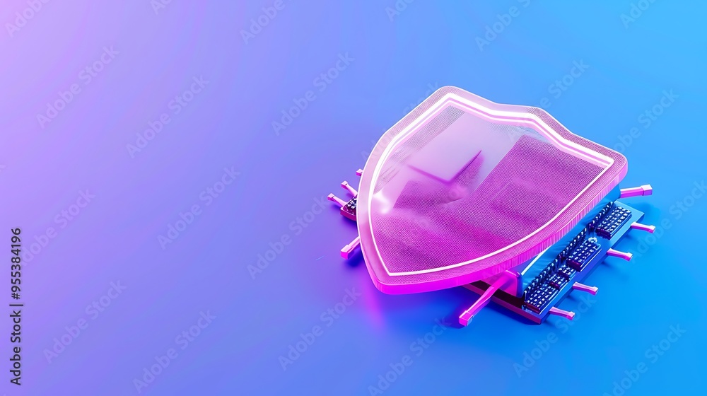 Cybersecurity concept: pink shield overlaying a computer chip on a ...