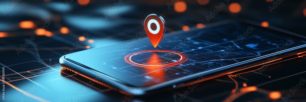 A digital map displayed on a smartphone with a location pin in the center. It symbolizes ...