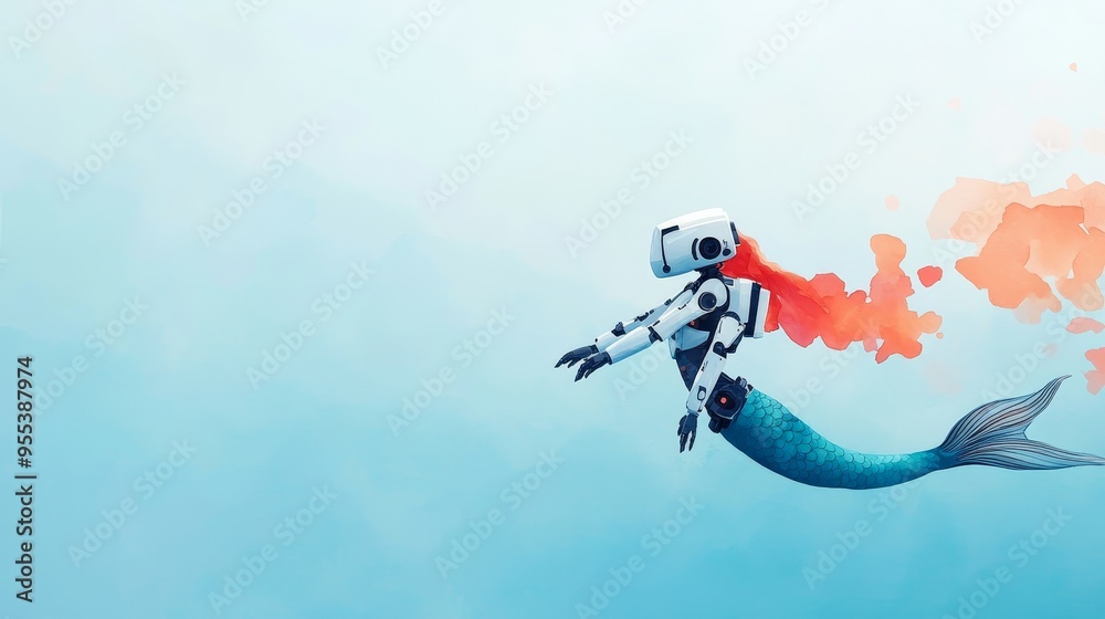 A robotic mermaid with red hair and a white helmet swims in the ocean ...
