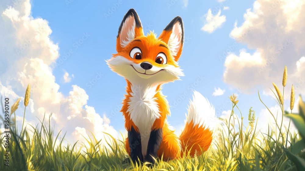 Vivid fox scout cartoon on grassy frame, cheerful sky, cute and ...