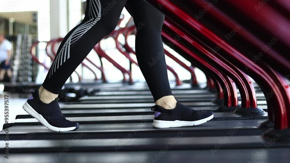 Treadmill in the gym. Side view of legs in sneakers walking on the ...