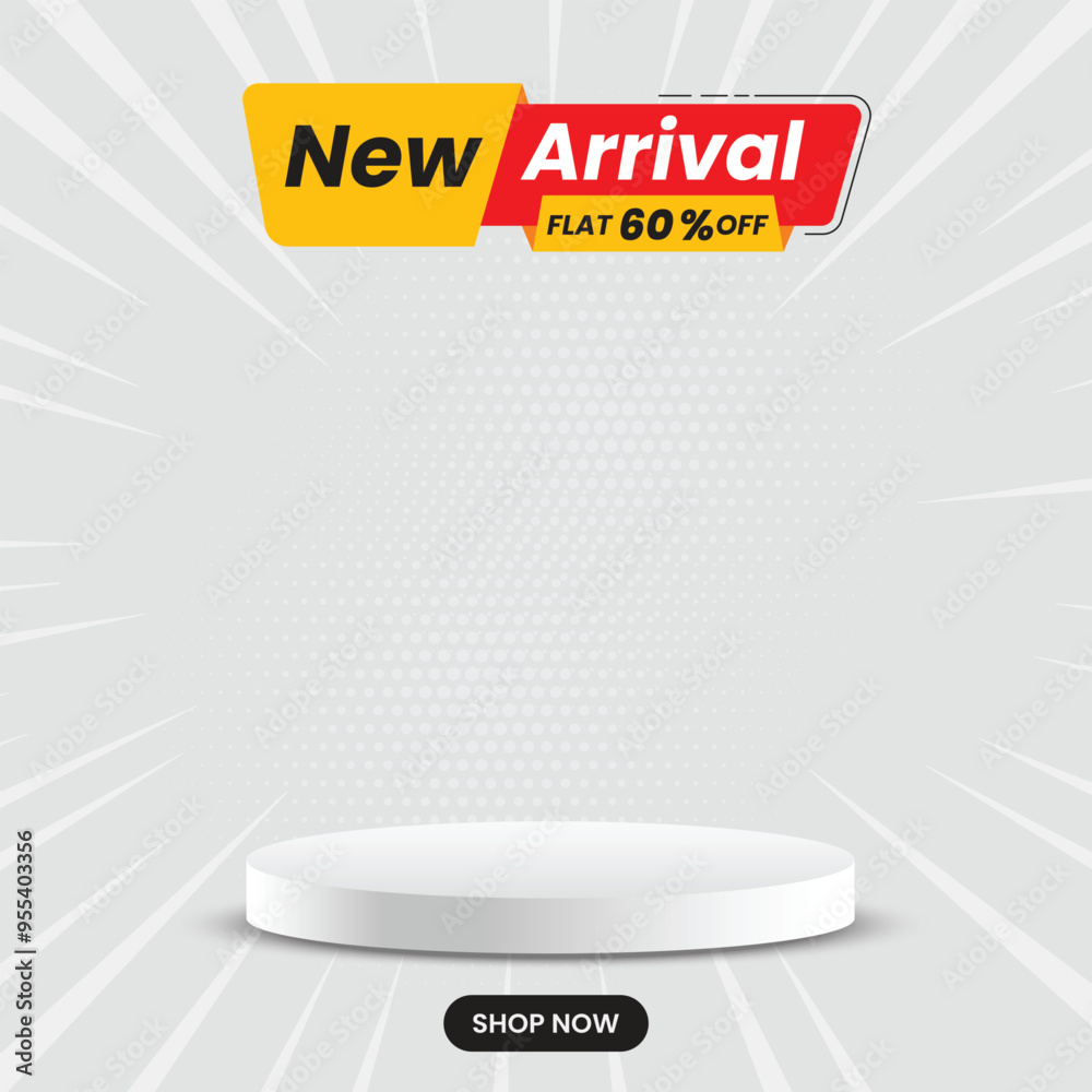 New arrival social media post template with podium. New arrival vector ...