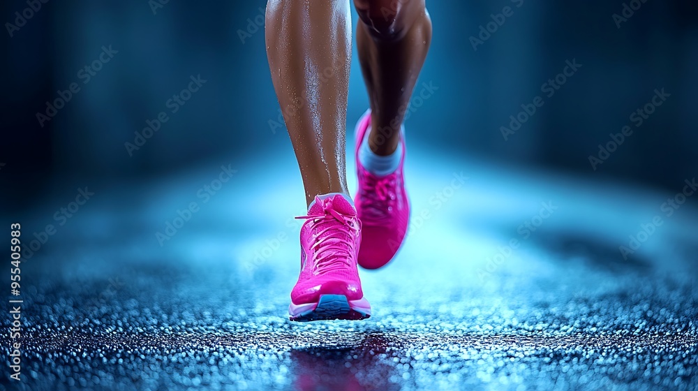 A detailed close-up of a female athlete’s legs in a dynamic running ...
