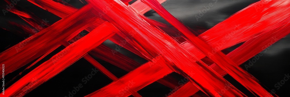 This abstract painting features bold red lines intersecting on a black ...