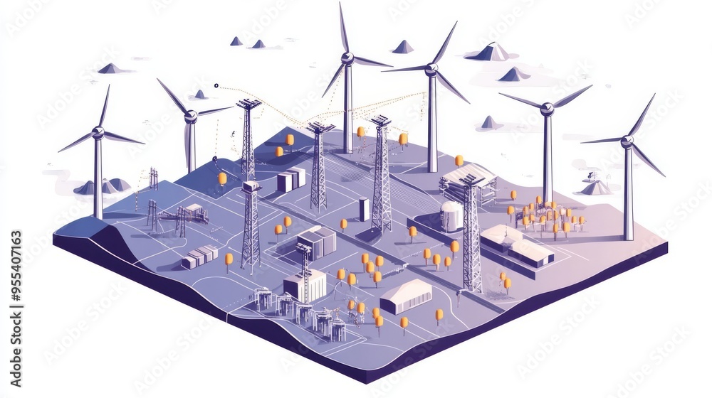 A diagram of a wind farm, showing multiple wind turbines, electrical ...