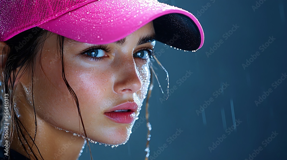 A sharp close-up of sweat dripping from a female athlete’s chin ...