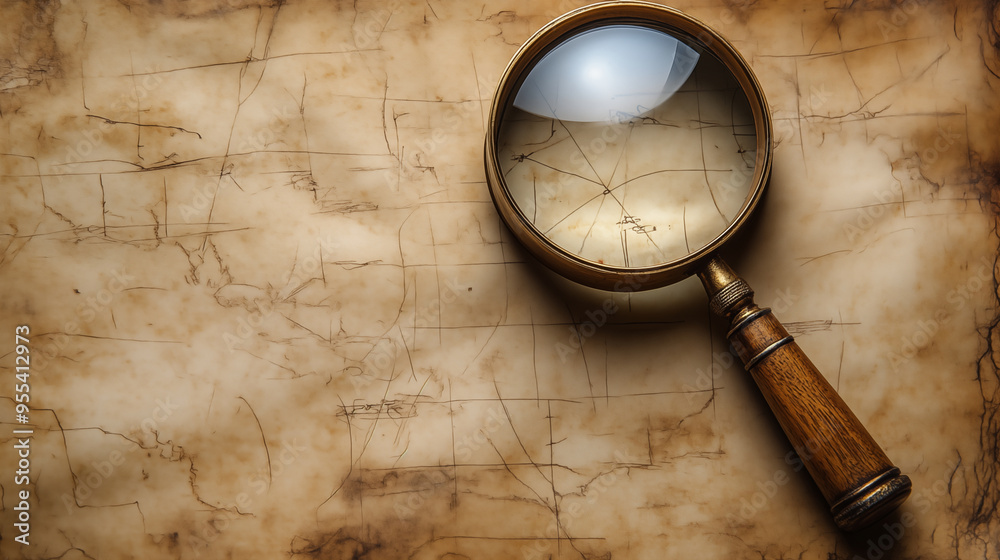 Magnifying glass on aged parchment with faint markings. Concept of ...