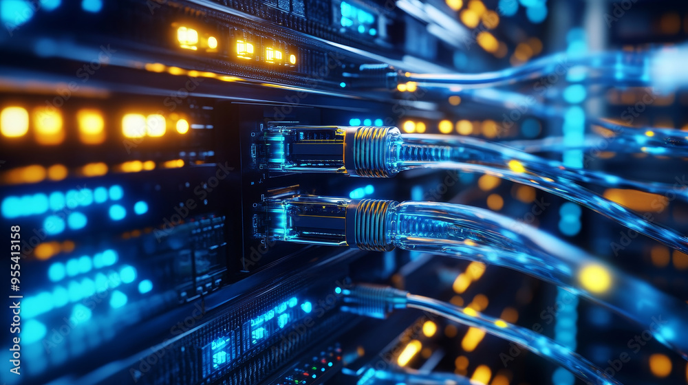 High tech data center with robust network switches and glowing cables ...