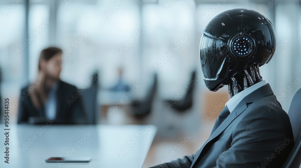 A robot in a business suit sits at an office conference table ...
