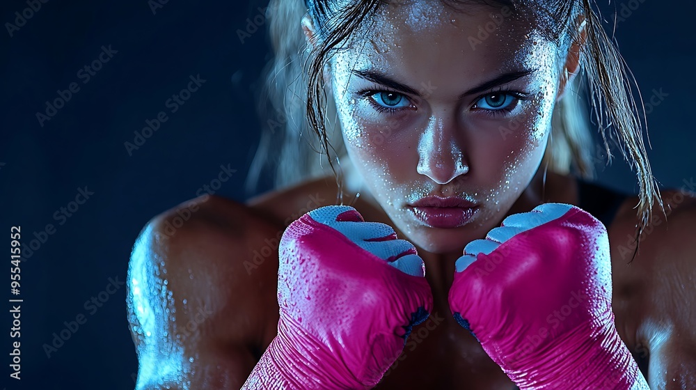 Intense close-up of a female athlete’s fists tightly clenched, with ...