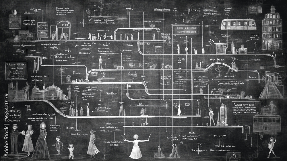 Whimsical engineering diagram with callouts hand drawn. A chalkboard ...