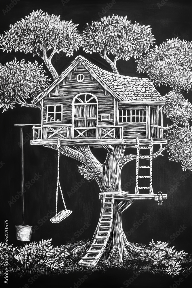 A whimsical chalkboard drawing of an elaborate tree house with a swing ...