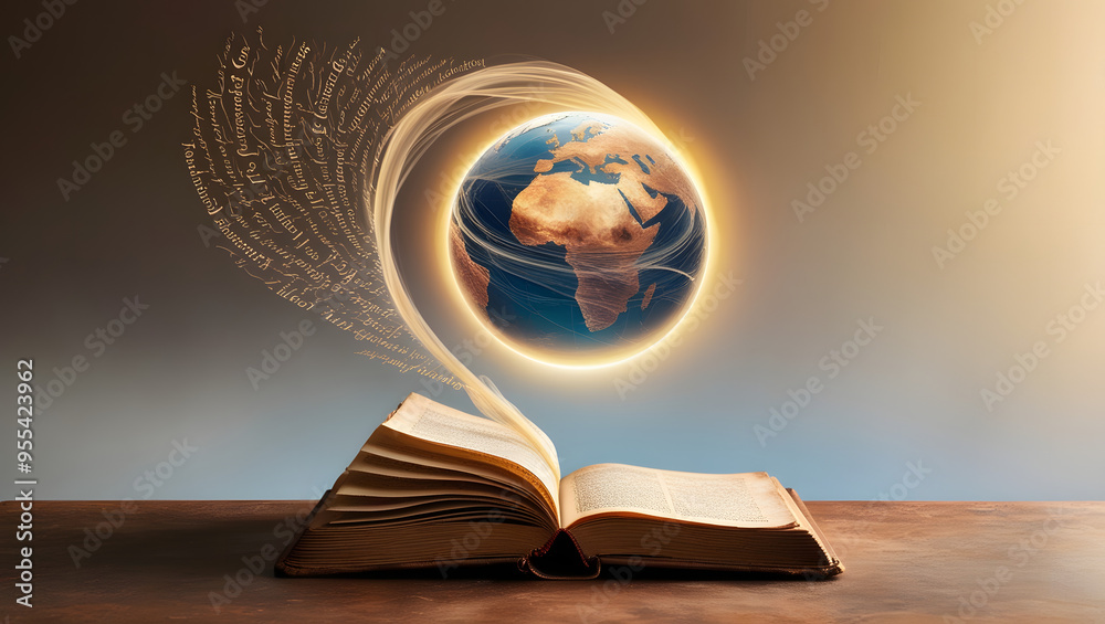 Open Book with Words in Multiple Languages Floating Out, Forming Globe ...