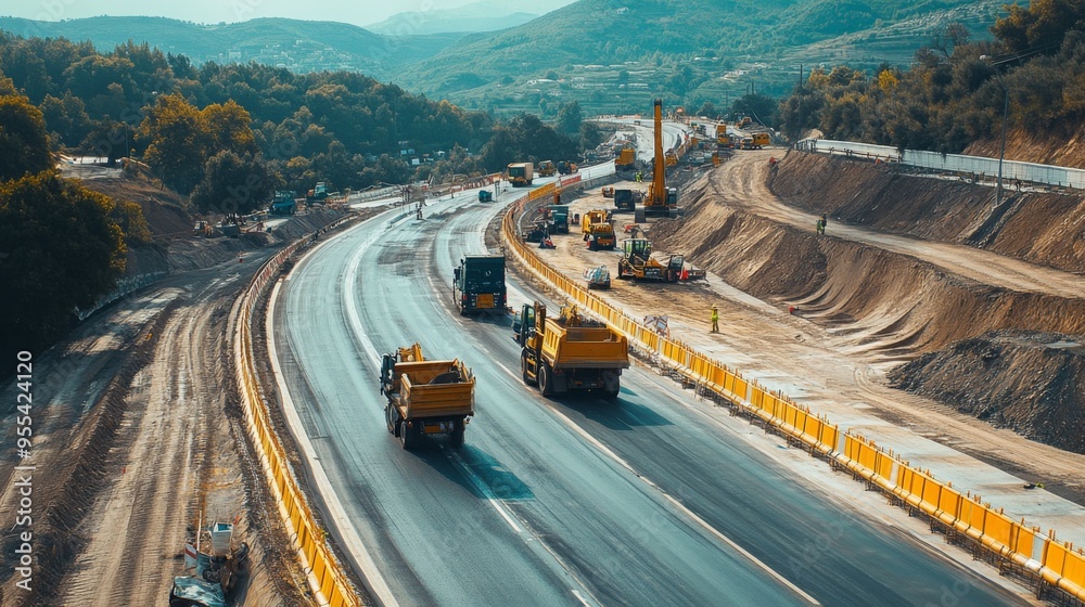 An expressway under construction, featuring machinery, construction ...
