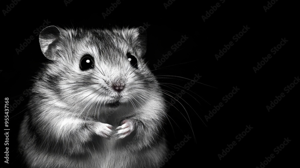 Artistic monochrome photo of a hamster exploring against a solid black ...