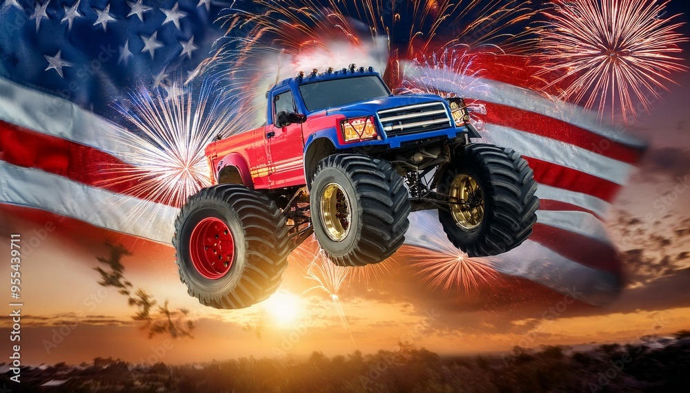 White monster truck flying through the air on the 4th of july with ...