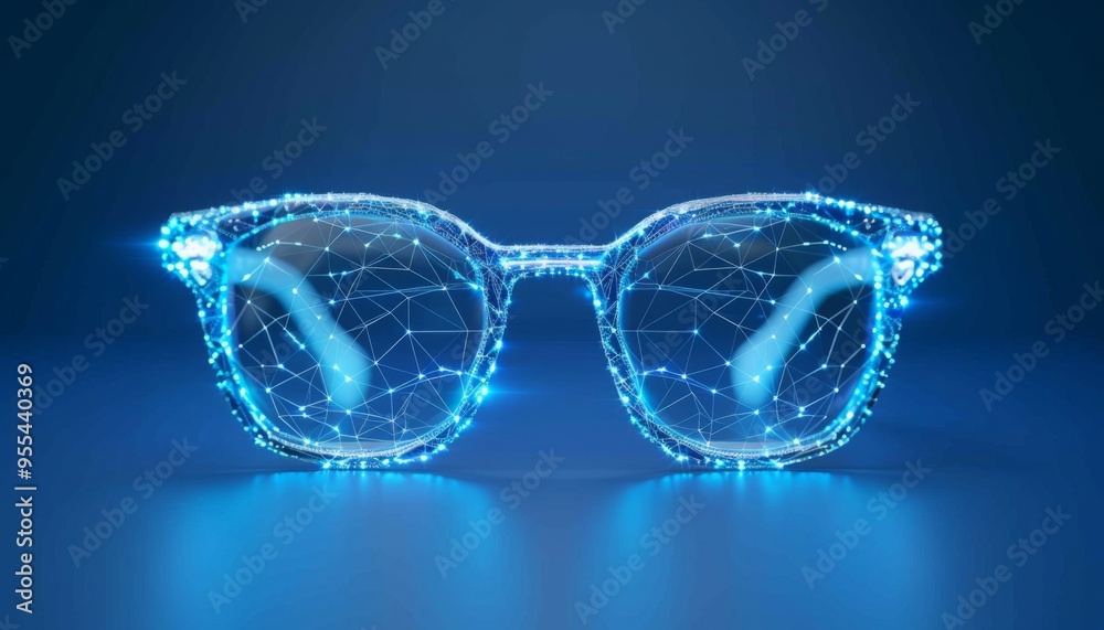 ภาพประกอบสต็อก Digital 3D Eyeglasses in low poly wireframe, eye care ...