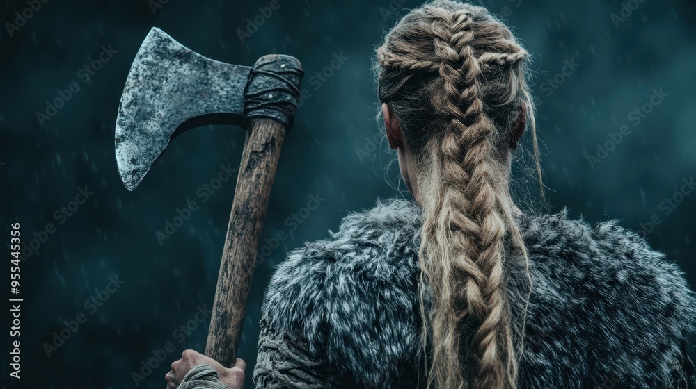The back view of a Viking warrior in fur-lined armor, clutching a ...