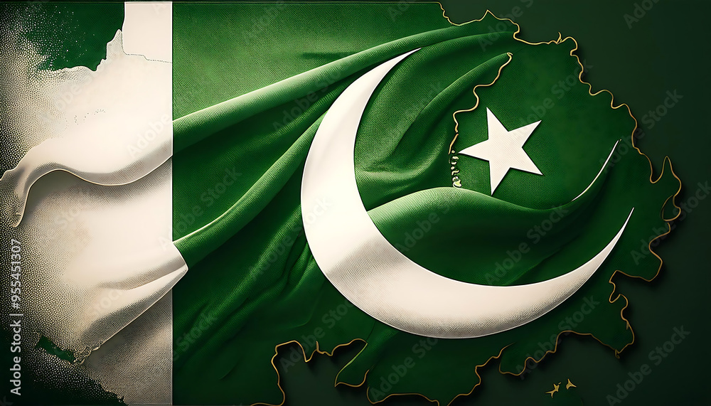 Waving green flag with white crescent moon and star, a symbol of ...