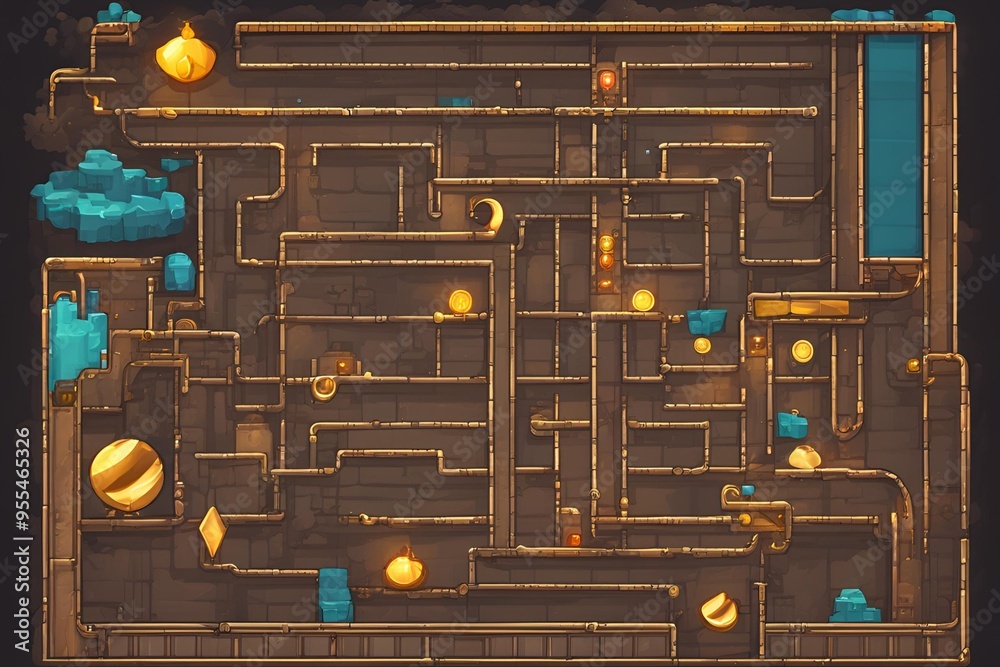 A retro arcade game level map interface with underground factory ...