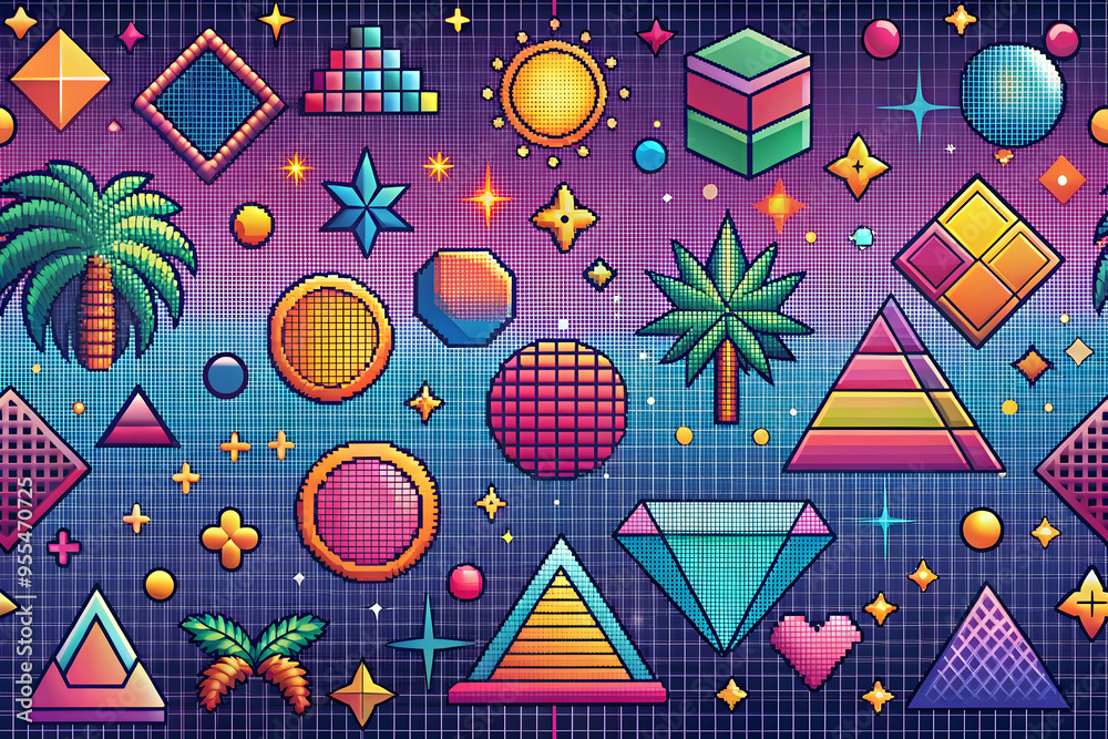 Pixelated Paradise: A vibrant and playful seamless pattern bursting with retro 80s and 90s pixel ...