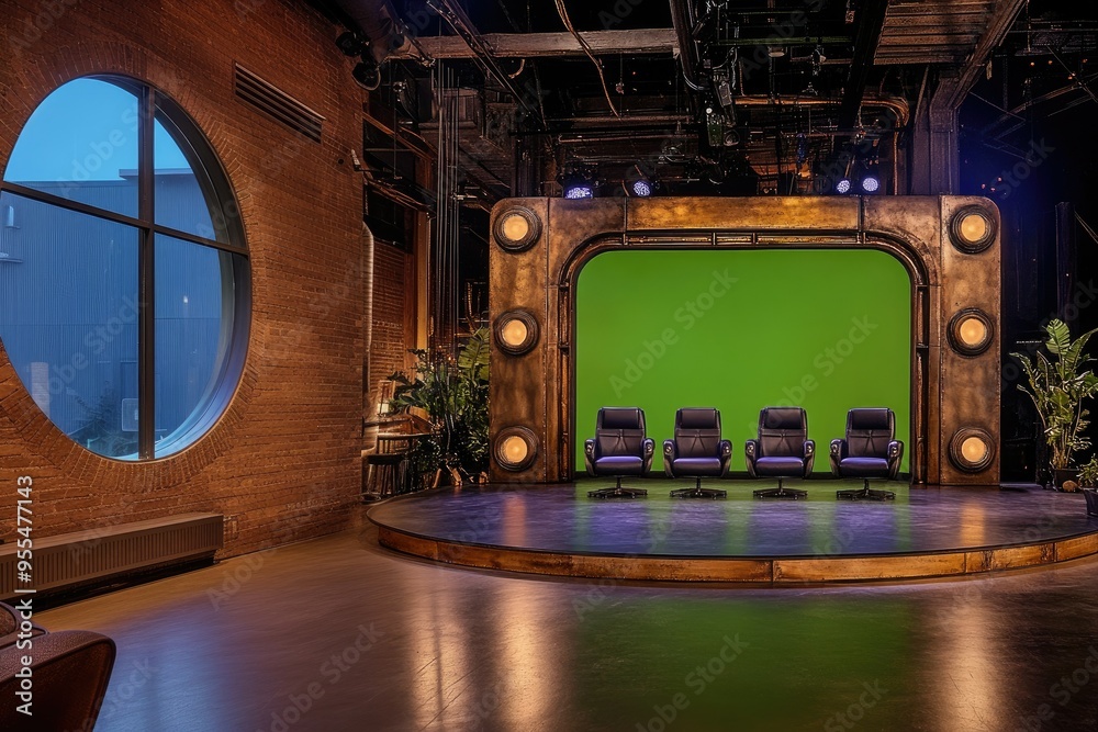 Empty Stage with Green Screen and Four Chairs in Industrial Setting ...