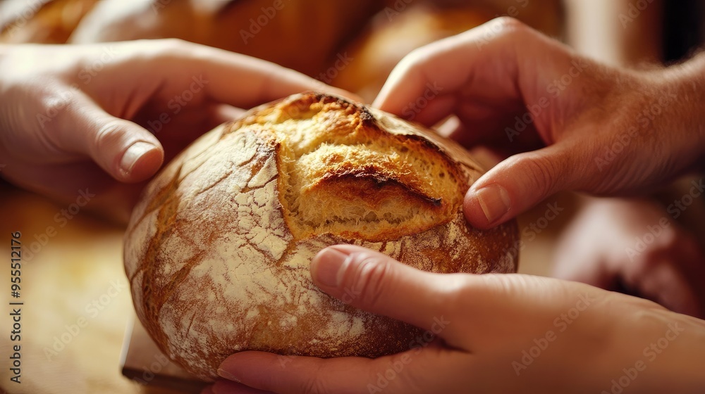 A close-up of hands breaking bread together, representing unity and ...