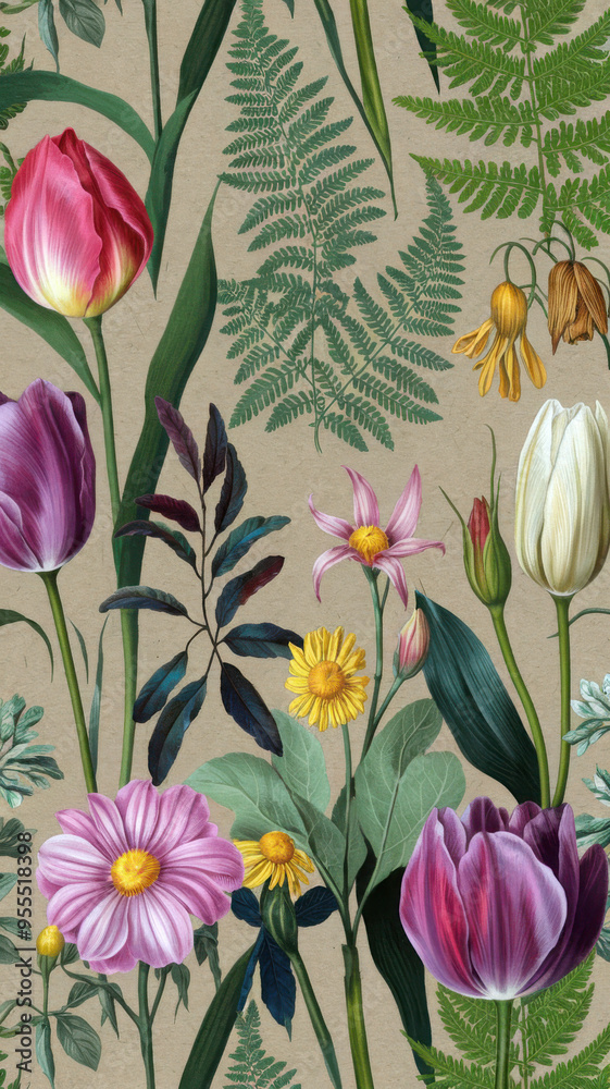 vintage botanical illustration, antique floral wallpaper, retro nature ...