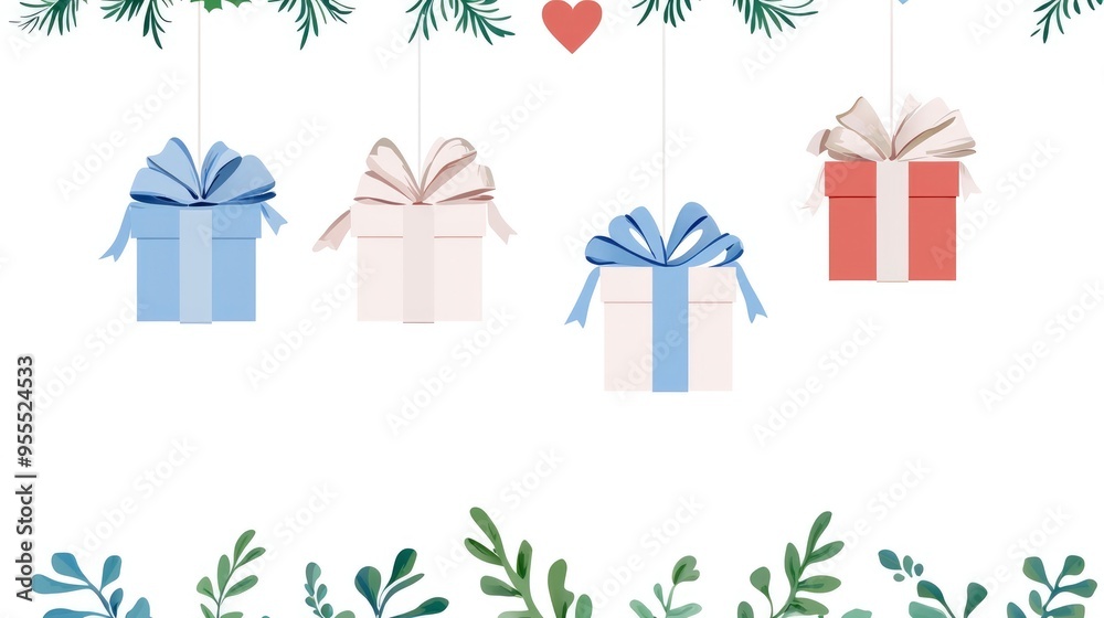 Hanging Gift Boxes with Green Twigs and a Red Heart Stock Illustration ...