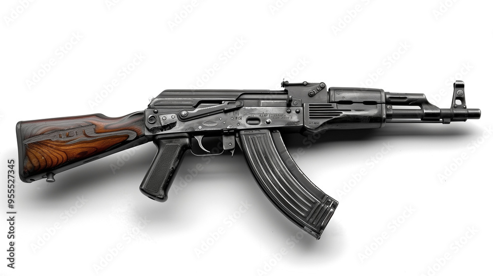 AK-47 assault rifle with wooden stock and handguard. Detailed view of ...