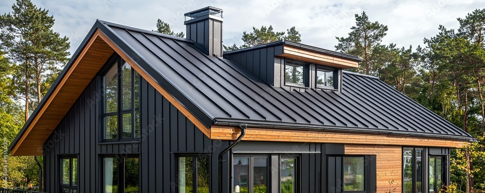 ภาพประกอบสต็อก Black Metal Roof with Wooden Trim, Modern Home Design ...