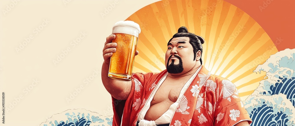 Sumo wrestler in traditional attire holding a large glass of beer, with ...