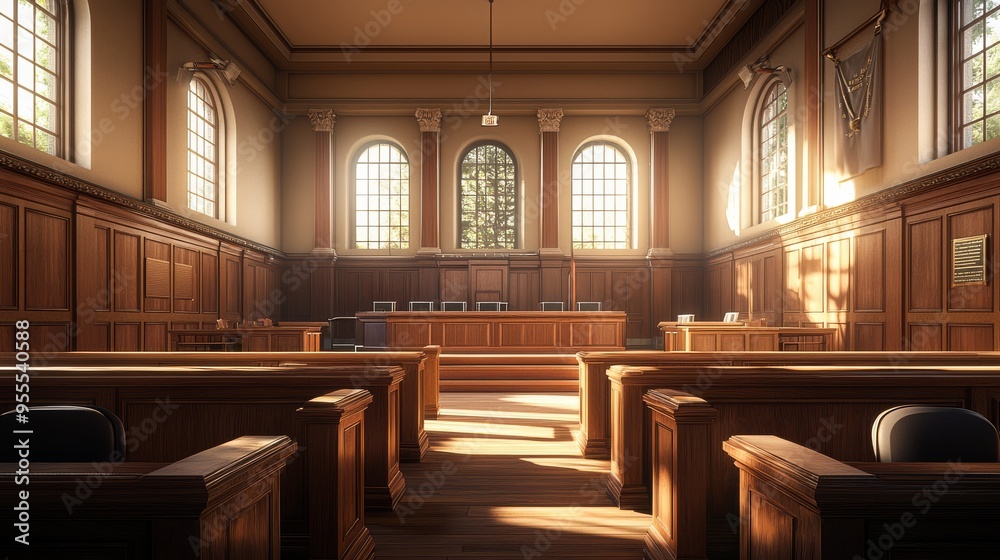 Sunlight Streaming Through Arched Windows in a Wooden Courtroom, 3D ...