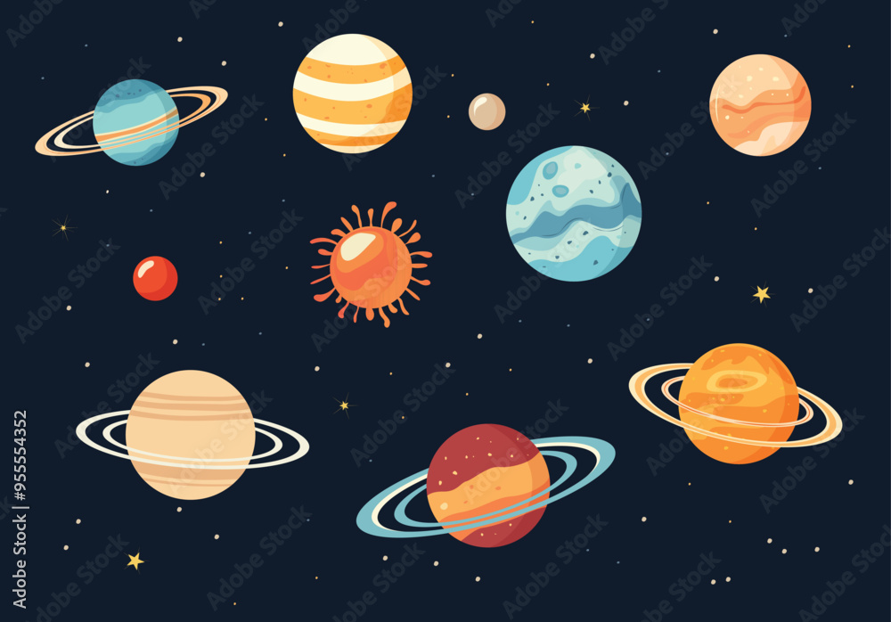 Solar system planets in a cartoon style vector on a starry background ...