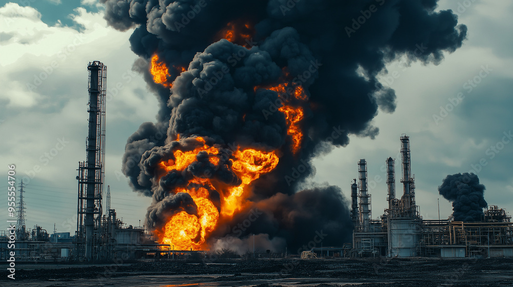 Big flame of fires and black smoke, explosion in an industrial oil ...