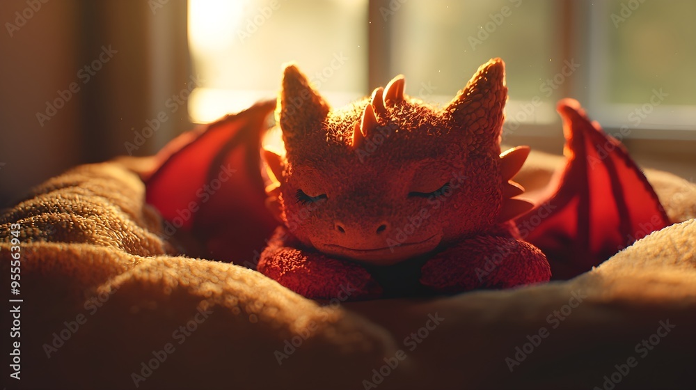 Cute Red Dragon Sleeping in a Cozy Bed at Sunrise Stock Illustration ...