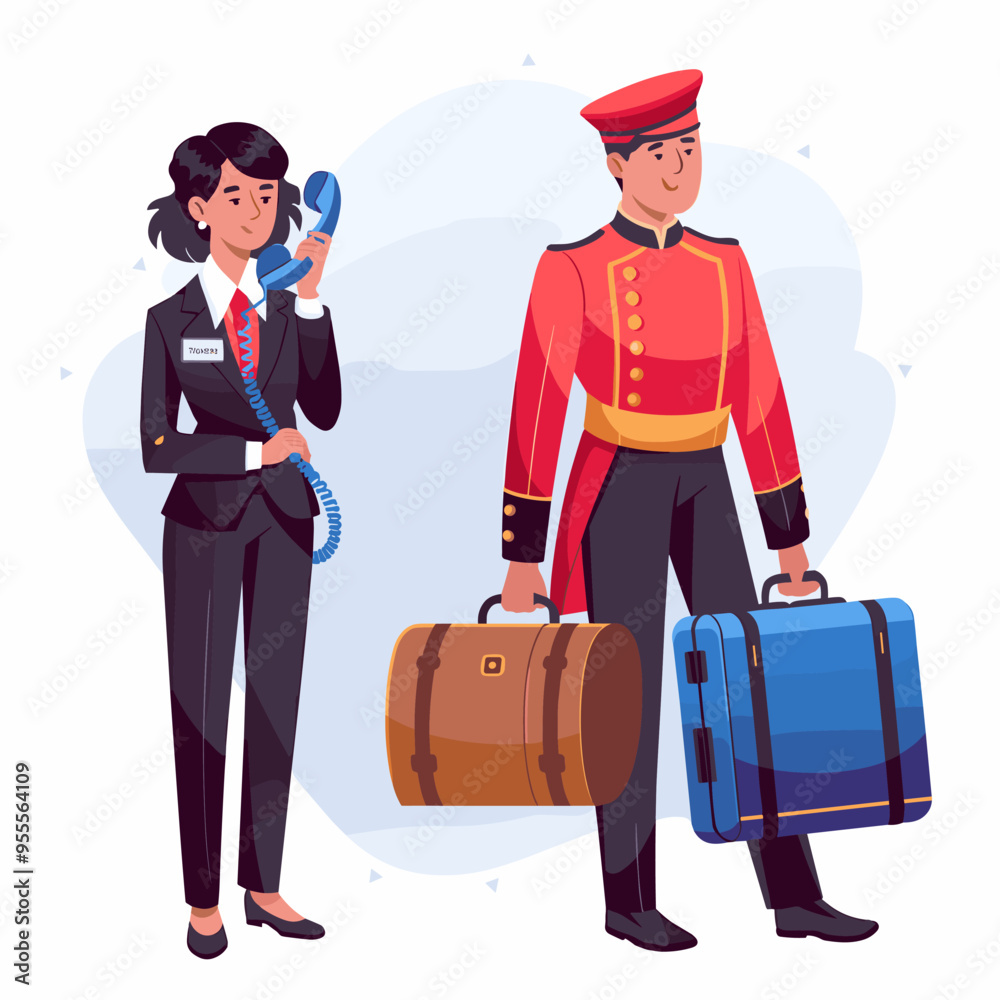 Hotel staff in uniform at workplace. Cartoon vector illustration set of ...