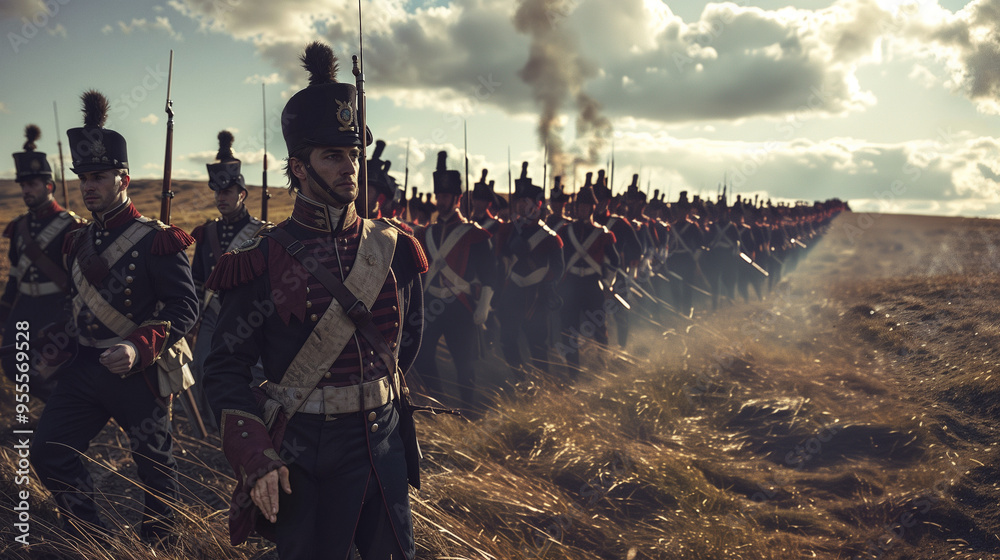 Napoleonic infantry regiment marching across a field. Soldiers in ...
