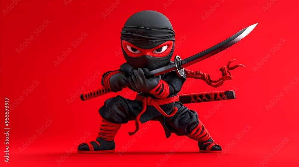 Cartoon Ninja Warrior Poised to Strike with Katana Sword in Dynamic ...