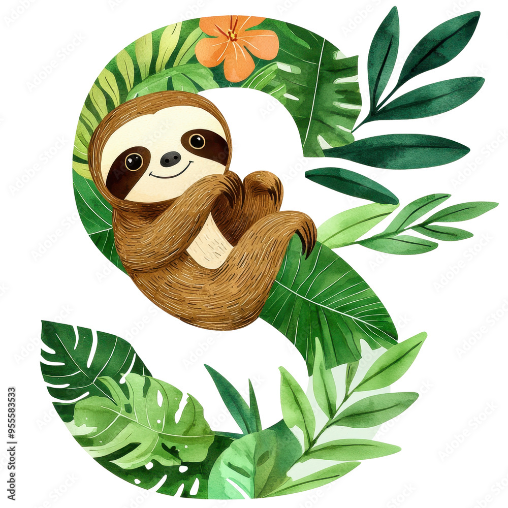 Cute cartoon sloth sitting in letter 'C' made of tropical leaves and ...
