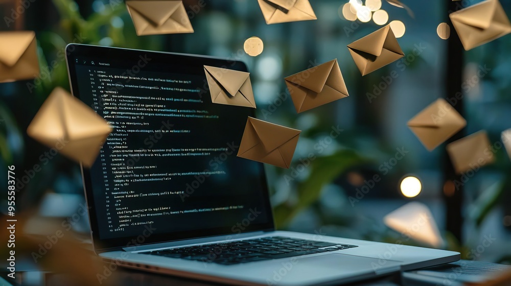 A modern laptop with code on the screen and floating envelopes ...