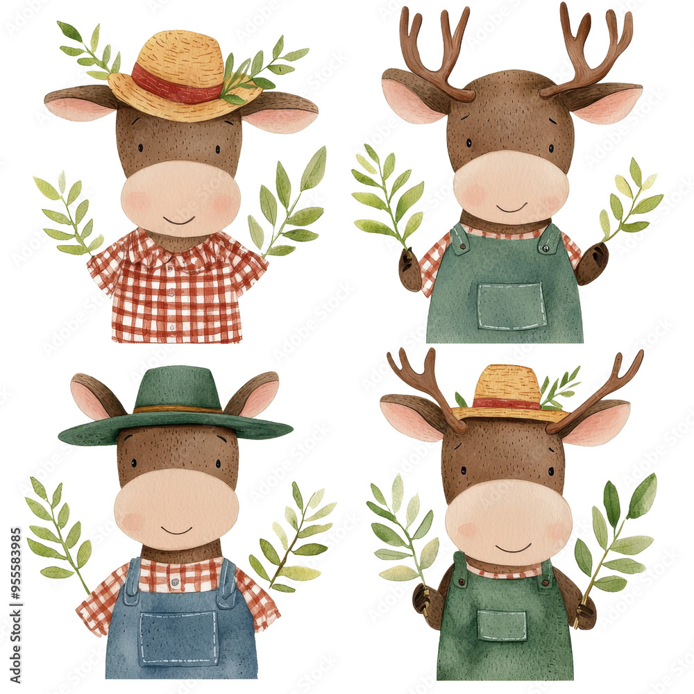 Cute farm animals in overalls and hats, holding leaves. Perfect for ...