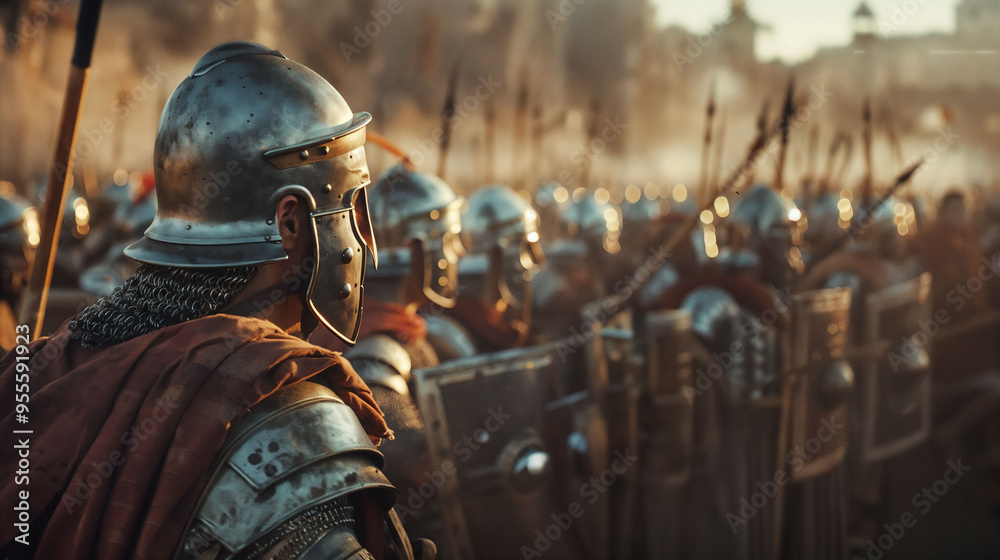 Roman legionary in battle formation. Armored soldiers with helmet and ...