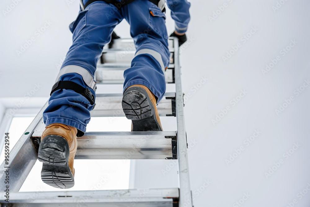 Construction worker climbing a ladder in safety gear, showcasing focus ...