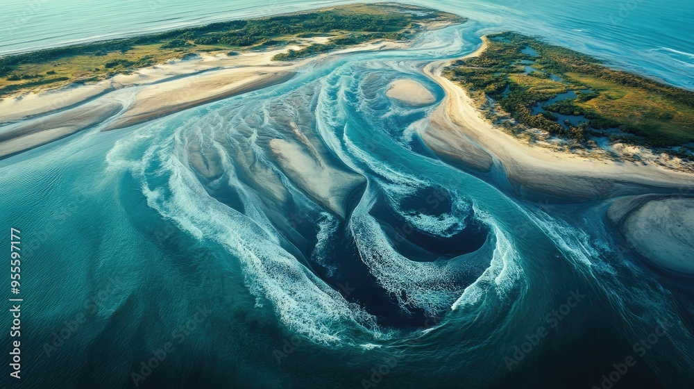 An aerial view of a river delta with winding channels flowing into the ...