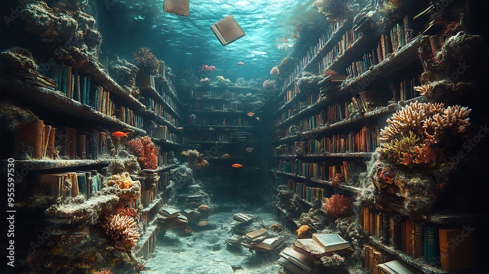 Surreal artwork of underwater library with books floating around coral ...
