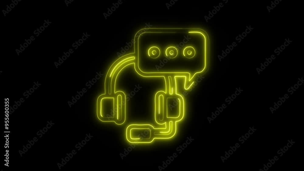 Neon Customer Support Icon - Glowing Headset and Chat Bubble on Black ...