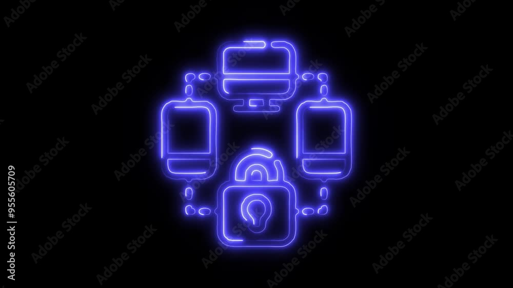 Neon Cybersecurity Network Icon - Glowing Lock and Connected Devices on ...