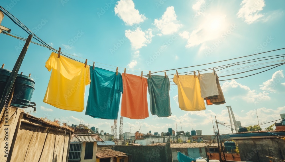 Clothesline on rooftop displaying freshly dried clothes under a bright ...